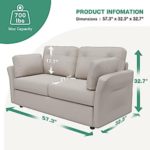 Novilla 57" Loveseat Sofa Small Couch for Living Room, Loveseat Sofa Couch Linen Fabric Upholstered Futon, Small Loveseat Sofa with 2 Bolster Pillows for Apartment, Bedroom, Toolless Assembly,Beige