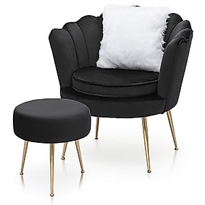 Magshion Modern Velvet Scalloped Back Accent Chair - Black, 250 lb Weight Capacity, Footrest & Pillow, Indoor Use
