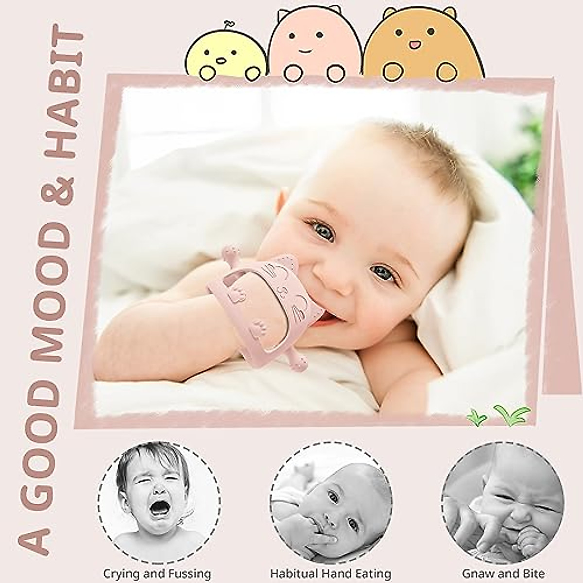 3 Pack Baby Teether Toys,Teething Toys for Babies 0-6 Months,Never Drop Baby Chew Toys with Cute Cat Pattern,Hand Teether Pacifiers for Teething Relief,Ideal Baby Shower Gifts for New Moms & Newborn