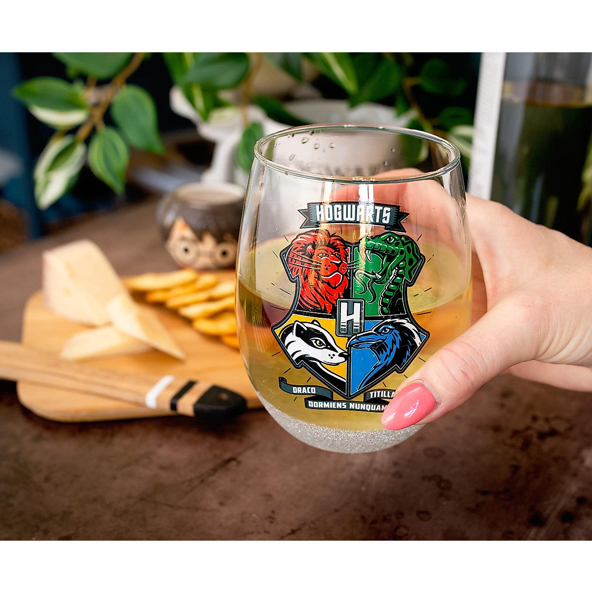 Silver Buffalo Harry Potter Animal Crests Teardrop Stemless Wine Glass | Holds 20 Ounces