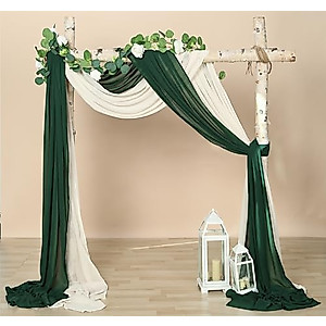 SHERWAY 2 Panels Chiffon Fabric Drapery Wedding Arch Drapes, Party Backdrop Curtain Panels, Ceremony Reception Swag Decoration (27 x 216 Inch, Hunter Green & Ivory)