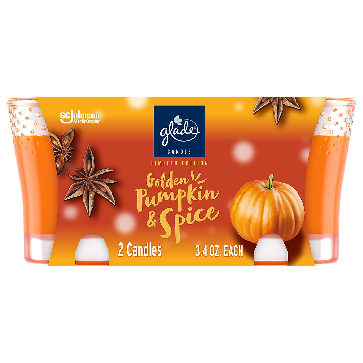 Glade Candle Jar, Air Freshener, Golden Pumpkin & Spice, Limited Edition Scent, 3.4 oz, 2 Count
