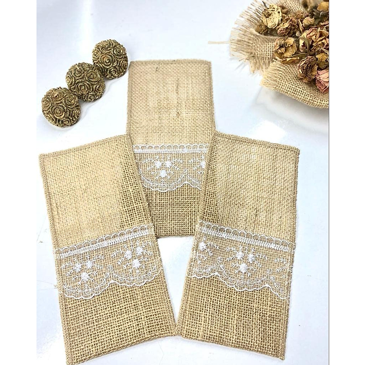 meditroia (Troia Textil(12,Pieces) Burlap Cutlery Holders Lace Utensil Pouch Knifes Forks Bag for Vintage Natural Wedding (4x8inch)