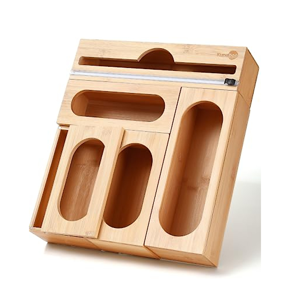 KUNABOO Bamboo Storage Bags Organizer, 5 Boxes Set Drawer Organizer for Plastic Storage Bags and Foil Plastic Wrap Cutter Dispenser (FSC Certified eco-Friendly Bamboo), Sandwich Bag Organizer