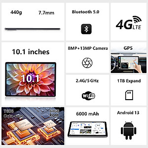Tablet 10.1 inch Android 13 Tablet PC Latest Update Octa Core Processor 8(4+4) + 64GB Storage, 1TB Expand Support, Dual Camera, with 4G Cellular Tablet, WiFi, FM, Bluetooth, GPS, HD Display Metal Body