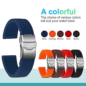 ULLCHRO Silicone Watch Strap Replacement Rubber Watch Band Waterproof Stripe Pattern - 16mm, 18mm, 20mm, 22mm, 24mm Watch Bracelet with Stainless Steel Deployment Buckle (16mm, Blue)