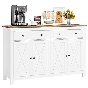 FOTOSOK Sideboard Buffet Cabinet with Storage, 55" Large Kitchen Storage Cabinet with 2 Drawers and 4 Doors, Wood Coffee Bar Cabinet Buffet Table Console Cabinet for Kitchen Dining Room, White
