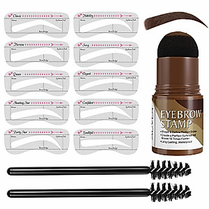 Eyebrow Definer Powder Stamp Makeup with 10 Reusable Stencils Long Lasting Waterproof for Perfect Brow (Dark Brown)