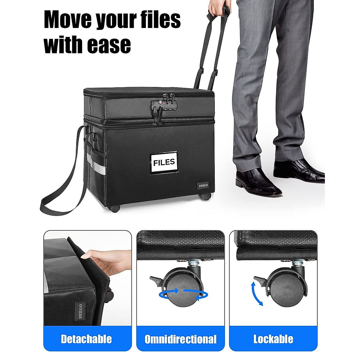 DEEGO Rolling File Box, Fireproof Document Box with Wheels Multi-Layer Water-Resistant File Organizer Portable file Cabinet Document Safe filing box for Home Office for Hanging Letter/Legal Folder