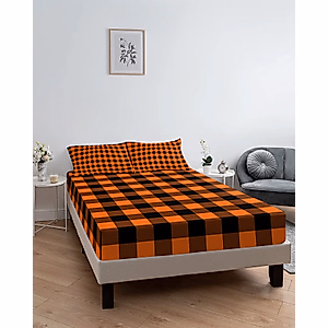Farmhouse Orange Black Buffalo Plaid Fitted Bed Sheets Full Size Fit 5-16inch Deep Pockets,Luxury Bottom Sheet Bedding Set with Pillow Case,Gingham Lattice Fitted Sheet for Mattress