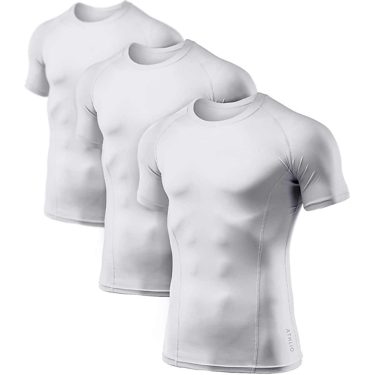 ATHLIO Men's Cool Dry Short Sleeve Compression Shirts, Sports Baselayer T-Shirts Tops, Athletic Workout Shirt, 3pack Tops White/White/White, Large