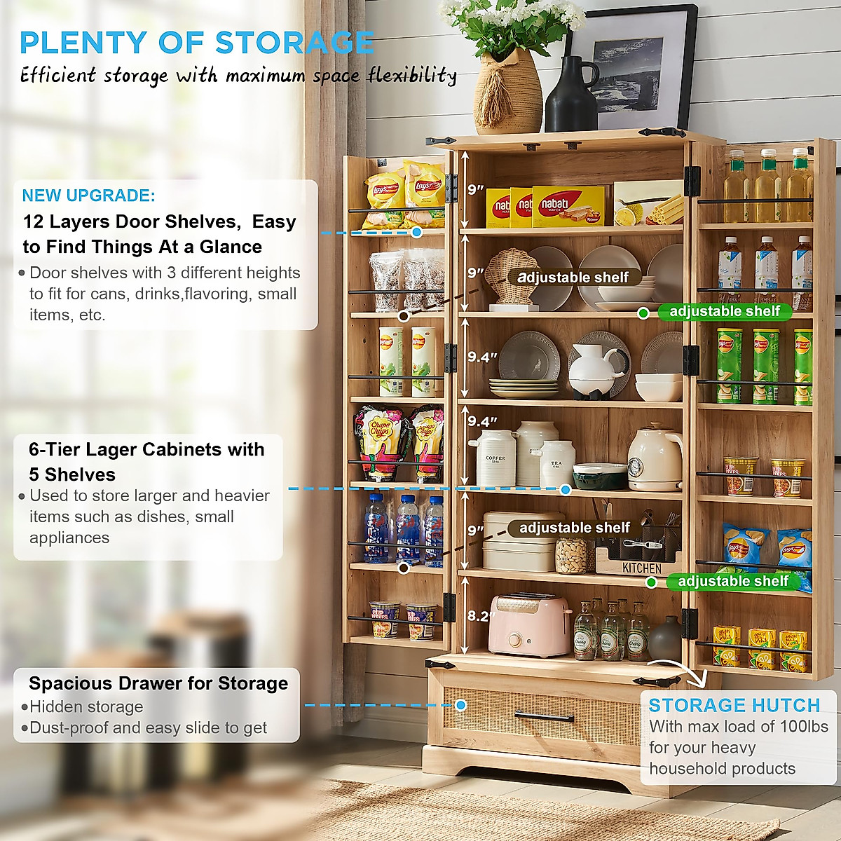 ACCOHOHO 72" Tall Rattan Kitchen Pantry Cabinet with Drawer, Boho Storage Cabinet with 2 Rattan Doors and Shelves, Versatile Large Cabinet for Dining Room, Bathroom, Living Room, Laudry, Natural Oak