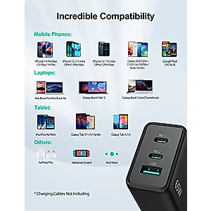 USB C Charger TECKNET 65W PD 3.0 GaN Charger Type C Foldable Adapter with 3-Port Fast Wall Charger Compatible for iPhone 14 Pro Max/14 Plus/13, MacBook Pro, iPad Pro, Switch, Galaxy S22/S21