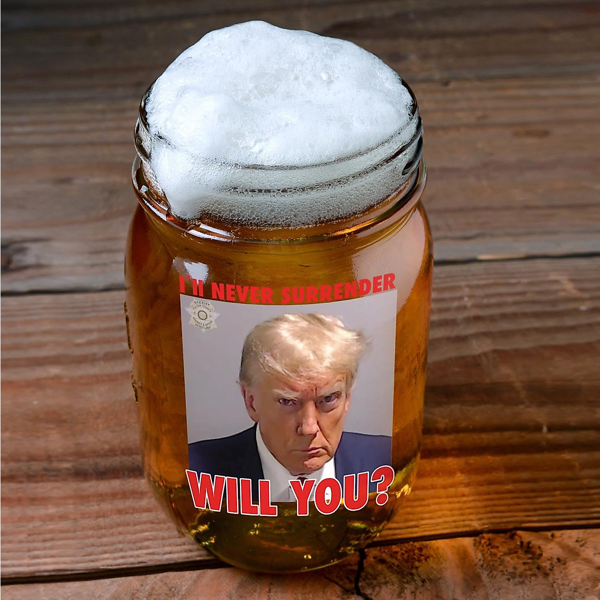 Patriots Cave - Trump Mugshot Mason Jar | Trump Lovers Gift | Gift for Him (16 oz)