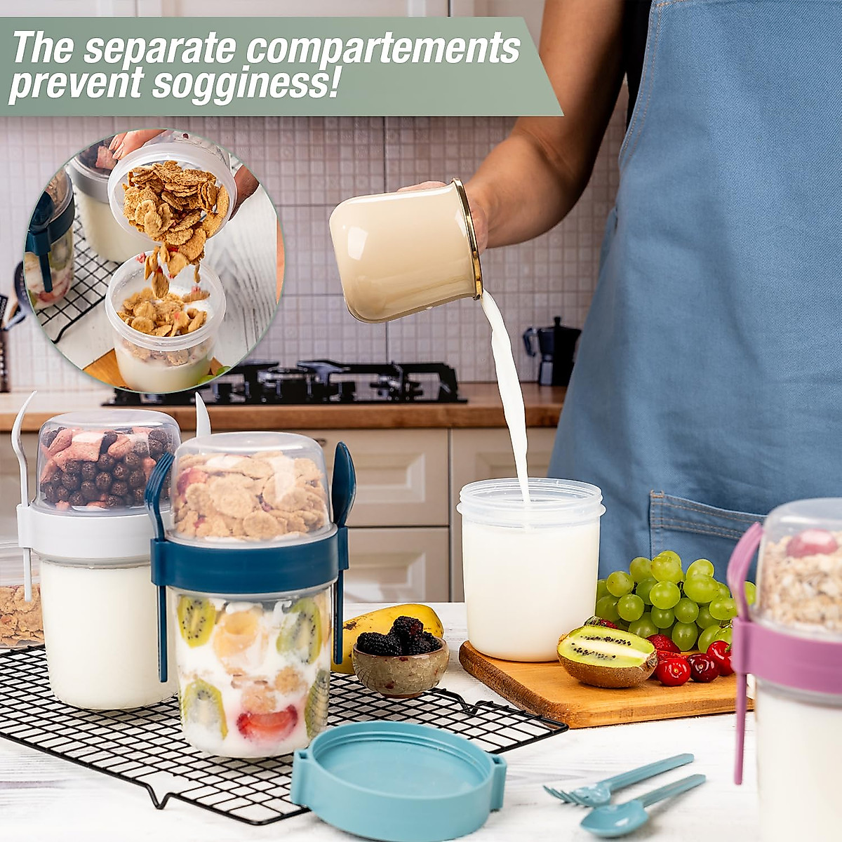 EYNEL 4 Pack On The Go 22 oz Breakfast Cups with Lids and Spoon, Reusable Cereal Yogurt Cup with Topping Plastic Overnight Oats Container for Granola Oatmeal (22 oz - 4 Pack)