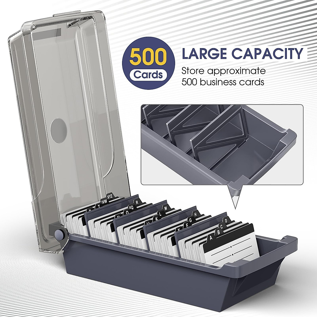 MaxGear Business Card Holder for Desk, Business Card Case Organizer, Credit Card Holder File, Business Card Holders Box Storage, Capacity: 500 Cards (2.2” x 3.5”), 4 Divider Boards & A-Z Tabs, Gray