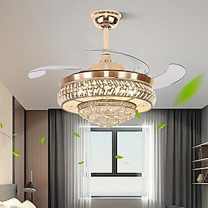 36inch 42inch Chandelier Ceiling Fan LED Crystal Retractable Invisible Ceiling Fan Light Dimmable 3 Speeds&3 Color Lights w/Remote for Bedroom Dining Room Living Room Hotel Restaurant (Gold, 42inch)