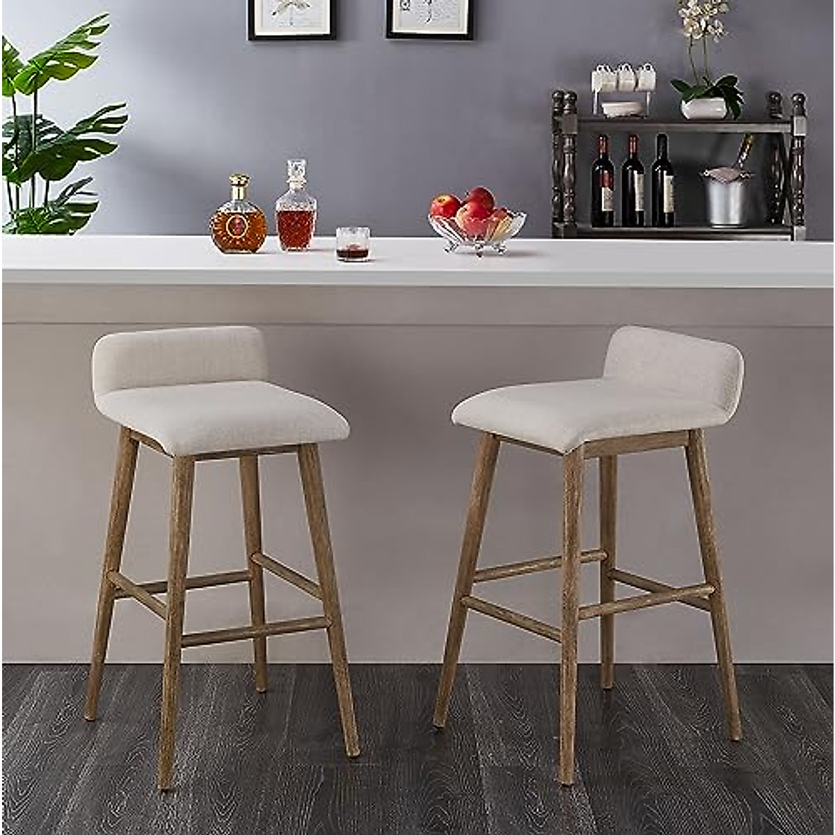 Ball & Cast Upholstered Pub Height Bar Stools 30 inch Kitchen Wooden Stool Chairs Set of 2, Linen