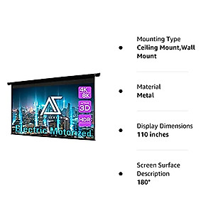 Akia Screens 110 inch Motorized Electric Remote Controlled Drop Down Projector Screen 16:9 8K 4K HD 3D Retractable Ceiling Wall Mount Black Projection Screen Office Home Theater Movie AK-MOTORIZE110H1
