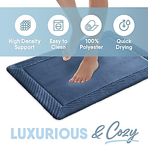 MICRODRY Habitude Flannel Bath Mats for Bathroom, Bordered Memory Foam Bathroom Mats, Skid Resistant Bathroom Rugs with Advanced Air Circulation for Fast Drying, 16 x 24 Inches, Blue