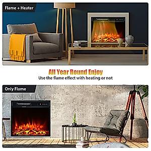 Tangkula 18 Inch Recessed Electric Fireplace Insert, 1500W Freestanding Fireplace Stove Heater W/Adjustable Flame Effect & Temperature, Built-in Thermostat, Timing Function, Remote Control