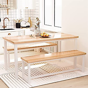 LinkRomat Dining Room Table Set 2 Benches,Dinner Table Set 4-6,Farmhouse Dining Room Table Set,Wood Breakfast Table Set & PU Leather Upholstered Benches Small Spaces,Apartment,Beige 43.4x23.7x28.6''