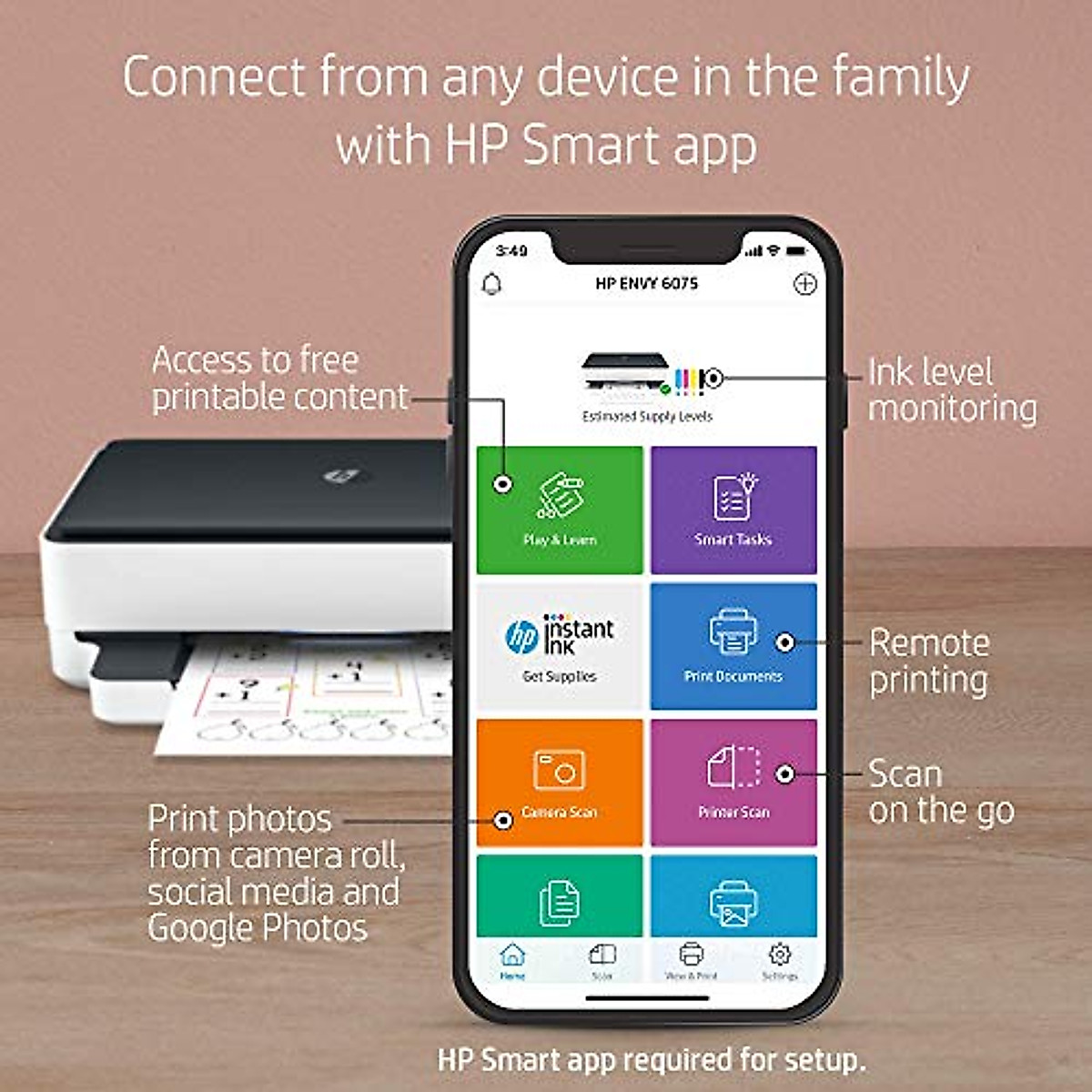 HP Envy 6075 Wireless All-in-One Printer, Mobile Print, Scan & Copy, Compatible with Alexa (8QQ97A) (Renewed)