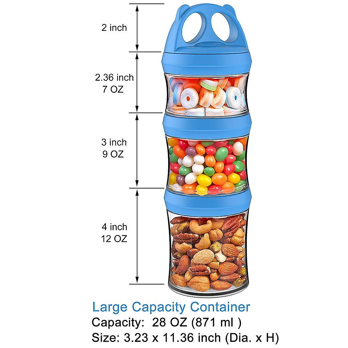 BeneLabel Snack Jars 3-Piece Twist Lock Stackable Containers Travel, Formula Travel Container for Storing Milk, Protein Powder, Snacks, Travel Items, BPA Free(Blue, 28oz)