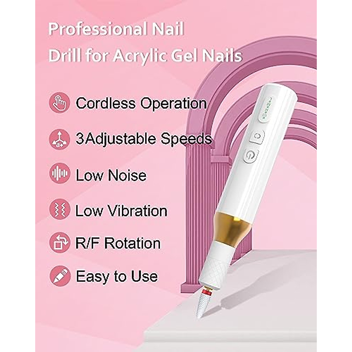 Nail Drill, Cordless Electric Nail Files for Gel Nails Efile Manicure Kit for Women Rechargeable Wireless Drill para Uñas Profesional Nail Drill Machine Nail Grinder for Acrylic Gel Nails White