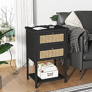 End Table with Charging Station, 2 Tier Rattan Decorated Nightstand with USB Ports and Outlets, Bedside Table with Drawer, Black Modern Sofa Side Table for Bedroom, Living Room, Office