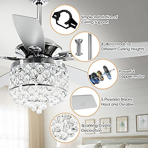 Parrot Uncle Ceiling Fans with Lights and Remote 52 Inch Modern Chandelier Ceiling Fan with Light for Bedroom 52 Inch Outdoor Ceiling Fans for Covered Paitos with Light, Polished Chrome