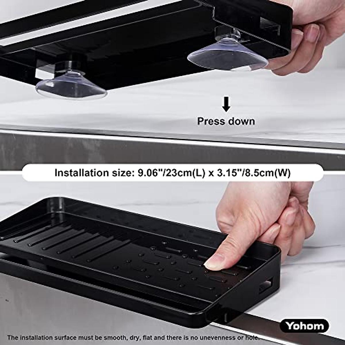 YOHOM Black Suction Cup Sponge Holder for Kitchen 2-in-1 in Sink Dish Rag Holder for Undermount Sink Plastic Scrubber Sponge Tray Organizer, Installation Size 9.06" L x 3.15" W