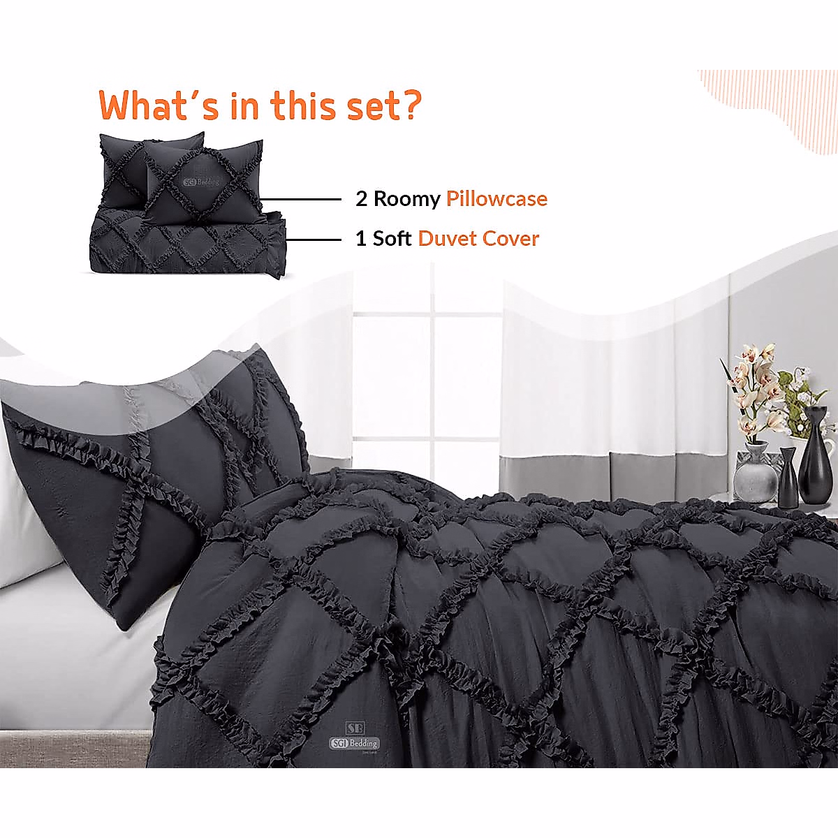 Duvet Cover King/Cal King Size 600 Thread Count 3 Piece Set - Super Soft Luxury Sateen Weave & Breathable all season Comforter Cover with Zipper Closure Corner Ties - Dark Grey Diamond Ruffle