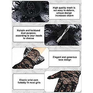 Sintege Fascinators Hat for Girl Tea Party Lace Gloves Black Cocktail Veil Mesh Feathers Hair Clip for Kids Halloween (Cute Style)