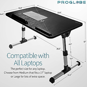 Large Laptop Stand for Bed with Fan, Proglobe Lap Desk for Laptop, Laptop Stand with Adjustable Height, Tray for Eating and Laptops, Foldable & Portable, Work from Home Accessories (Black, 23X13)
