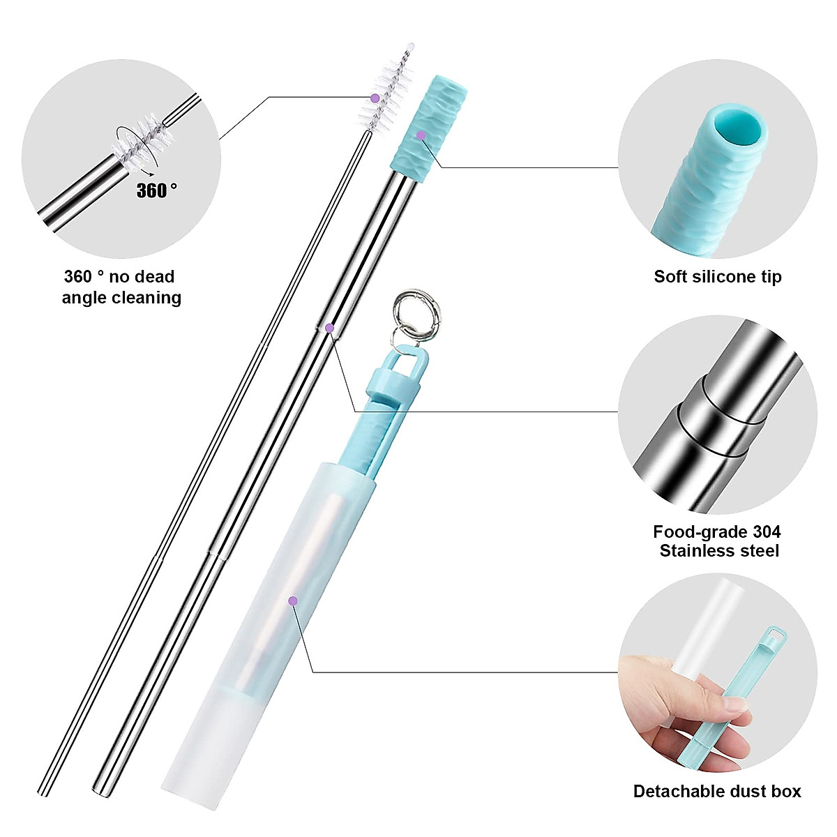 LOIVFET Metal Straws 3 Pack Reusable Collapsible Stainless Steel Straw Portable Telescopic Straws Drinking Easy to Clean with Silicone Tips,Travel Case,Keychain,Cleaner Brush(Green & Blue & Purple)