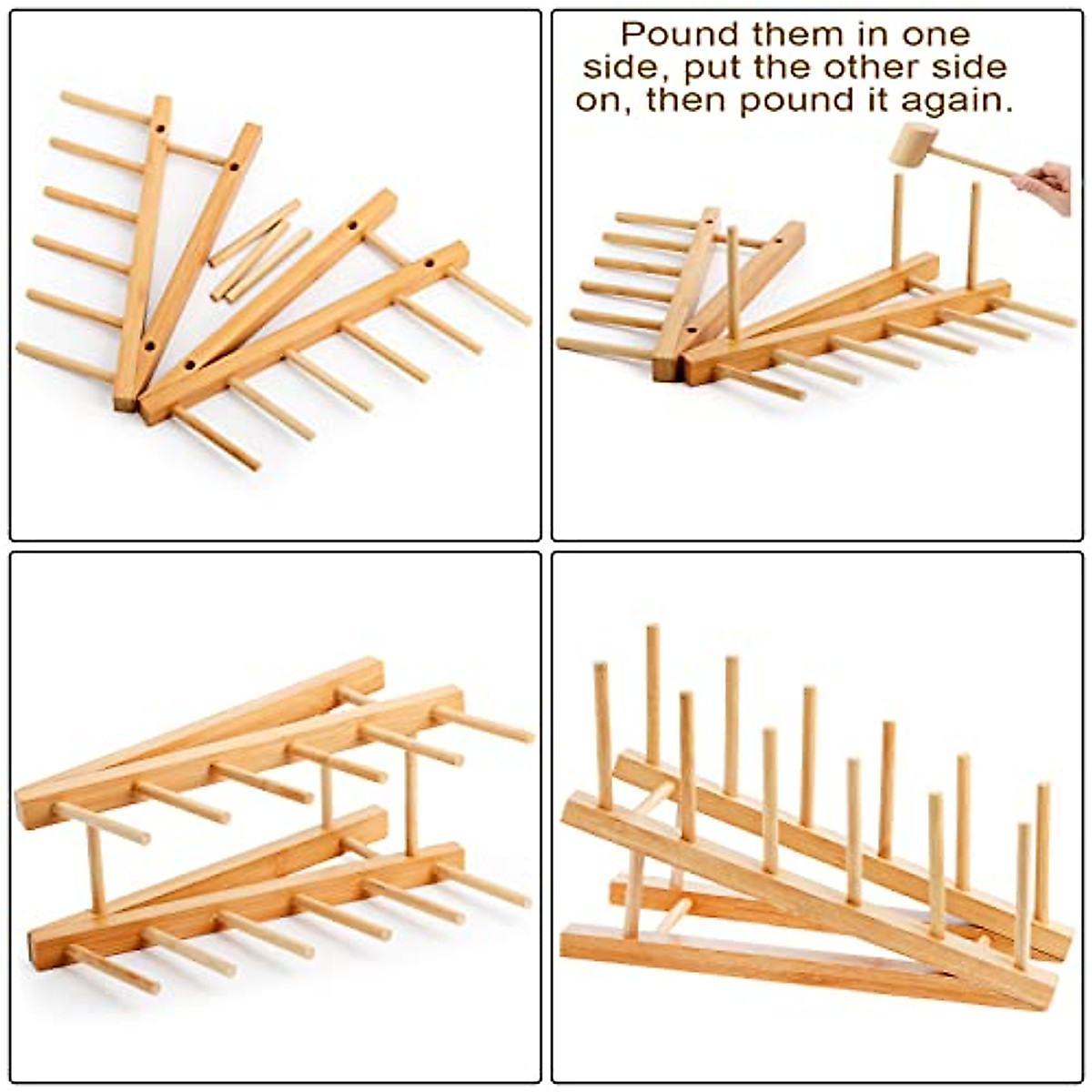 Yesland 3 Packs Wooden Dish Rack, Bamboo Plate Bottle Drying Rack with Wooden Mallet Plate Rack for Water Bottles, Cups, Pan Lids, Dinner Plates - Brown