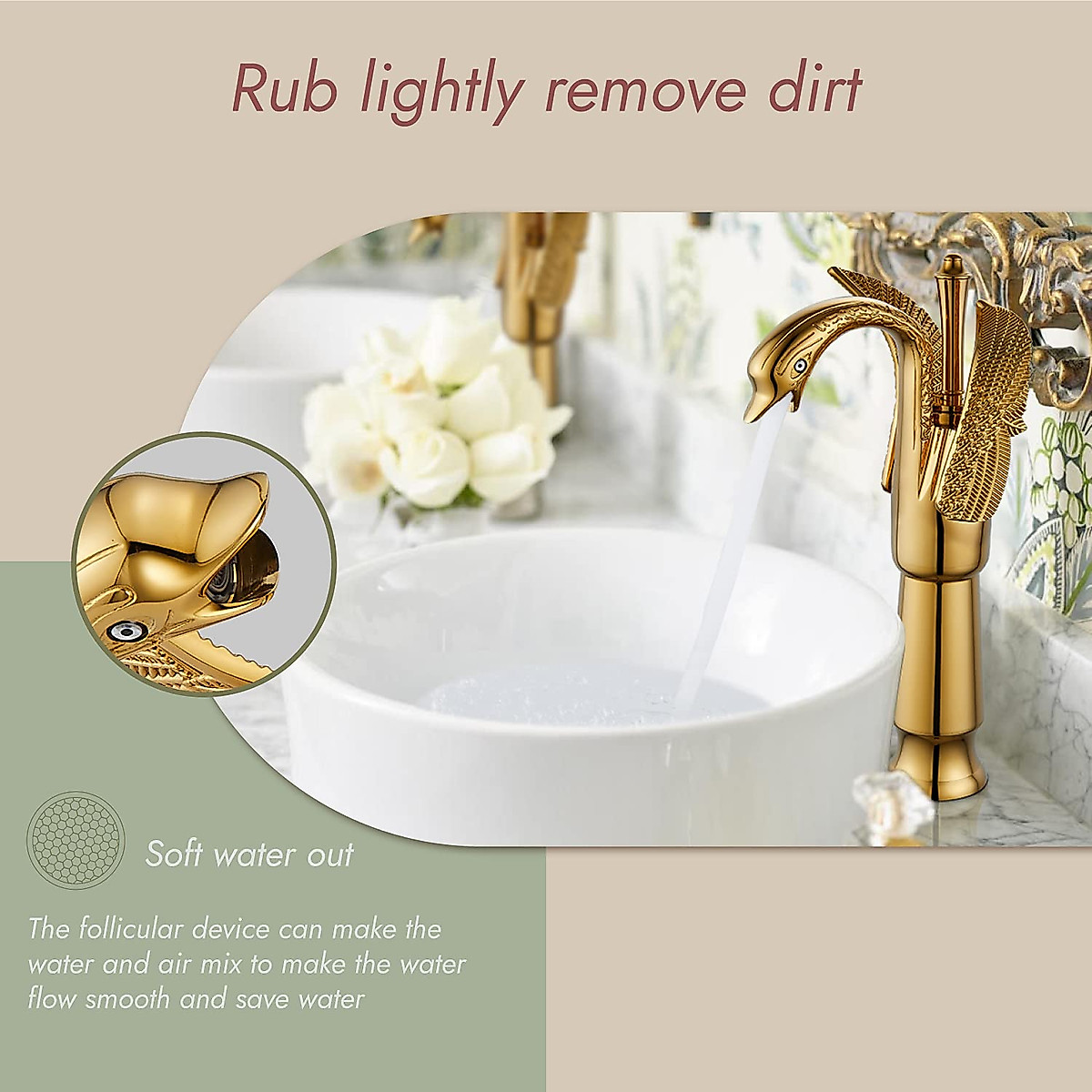 Cinwiny Swan Faucet Bathroom Sink Faucet Polished Gold Swan Shaped Single Handle One Hole Tall Lavatory Basin Tap Mixer Deck Mount Bird Faucet