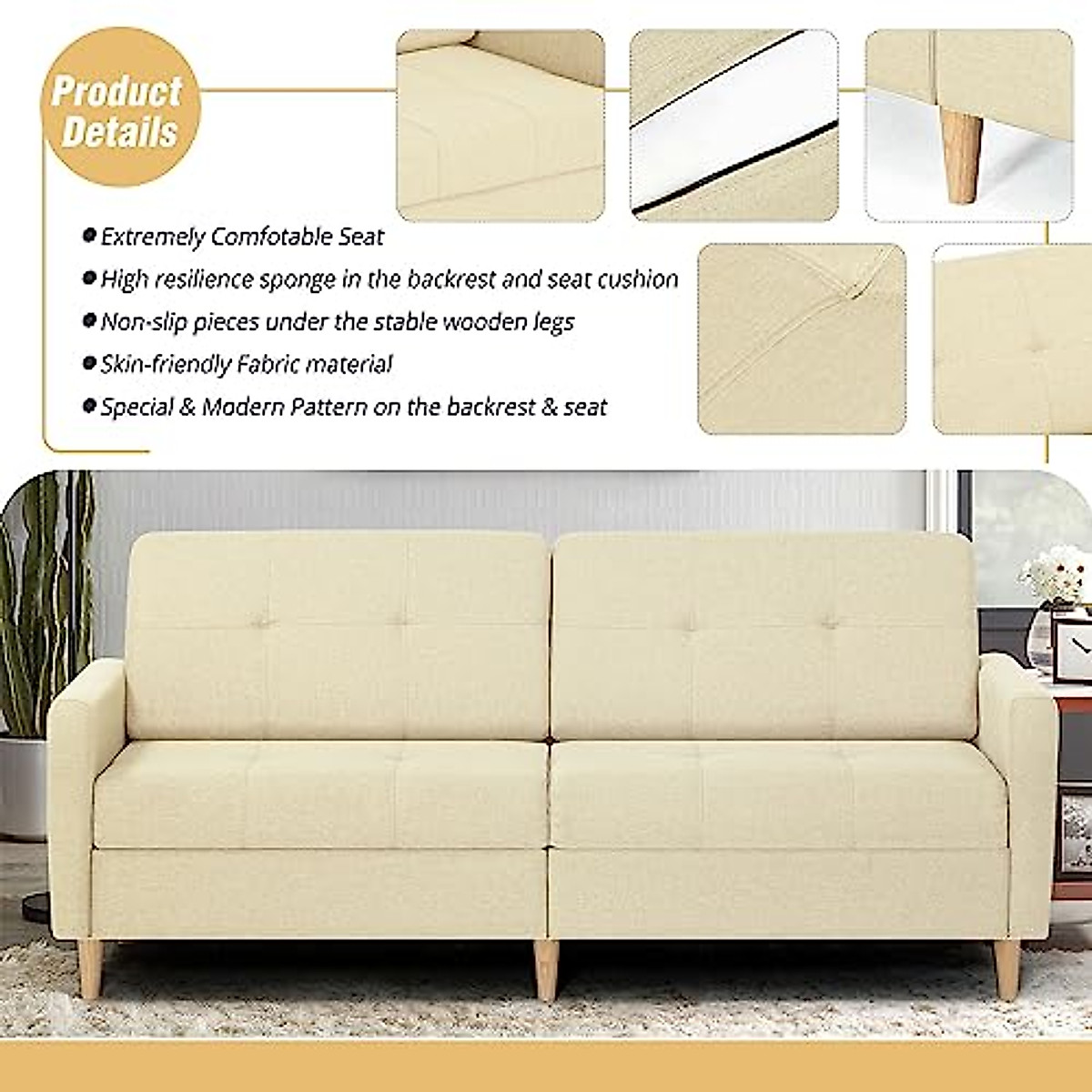 77" Linen Sleeper Loveseat Sofa for Living Room, Small Sofa Couches for Small Spaces Bedroom with Solid Wooden Frame and Padded Cushion, Mid Century Futon Sofa Bed Love Seats Furniture (Beige)