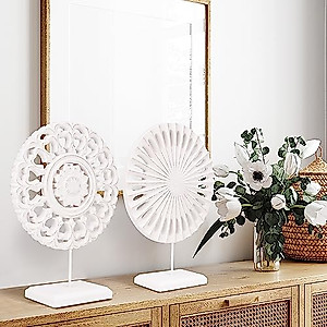AXEARTE Wooden Carved Cutout Sector Medallion Sculpture 2 Pack, Rustic Distressed White MDF Statues Home Tabletop Decor, Decorative Ornaments for Living Room, Bedroom, Office Desktop, Cabinets
