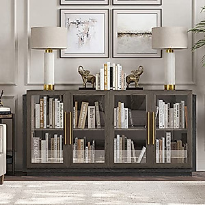 BELLEZE Sideboard Buffet Cabinet, Modern Wood Glass-Buffet-Sideboard with Storage, Console Table for Kitchen, Dinning Room, Living Room, Hallway, or Entrance - Brixston (Brown)