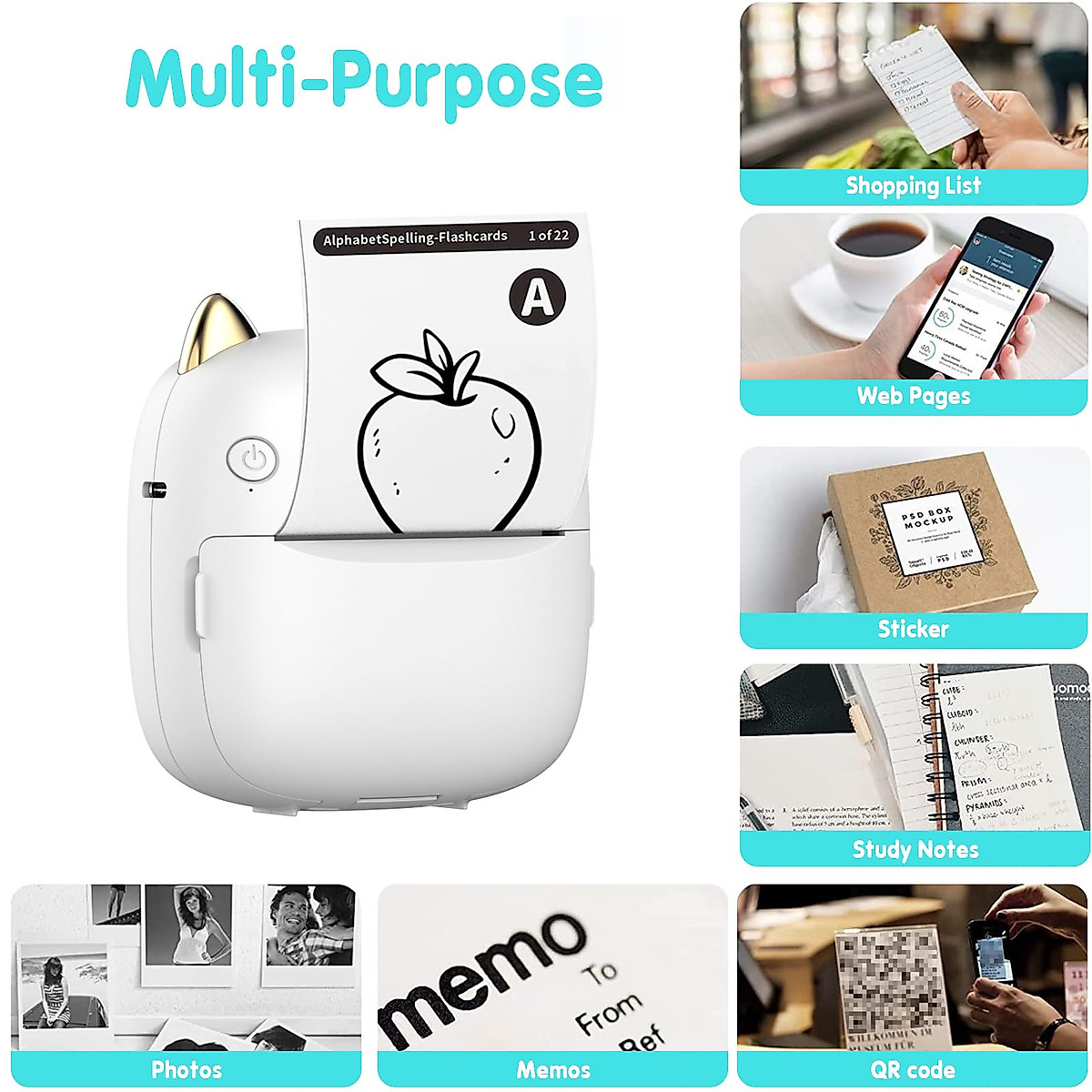 WOVTE Mini Sticker Printer, Portable Bluetooth Thermal Printer with 10 Rolls Thermal Paper, Smal Print Pod, Inkless Pocket Printer for iPhone & Android, Suitable for Notes Memo Kids Gift, White