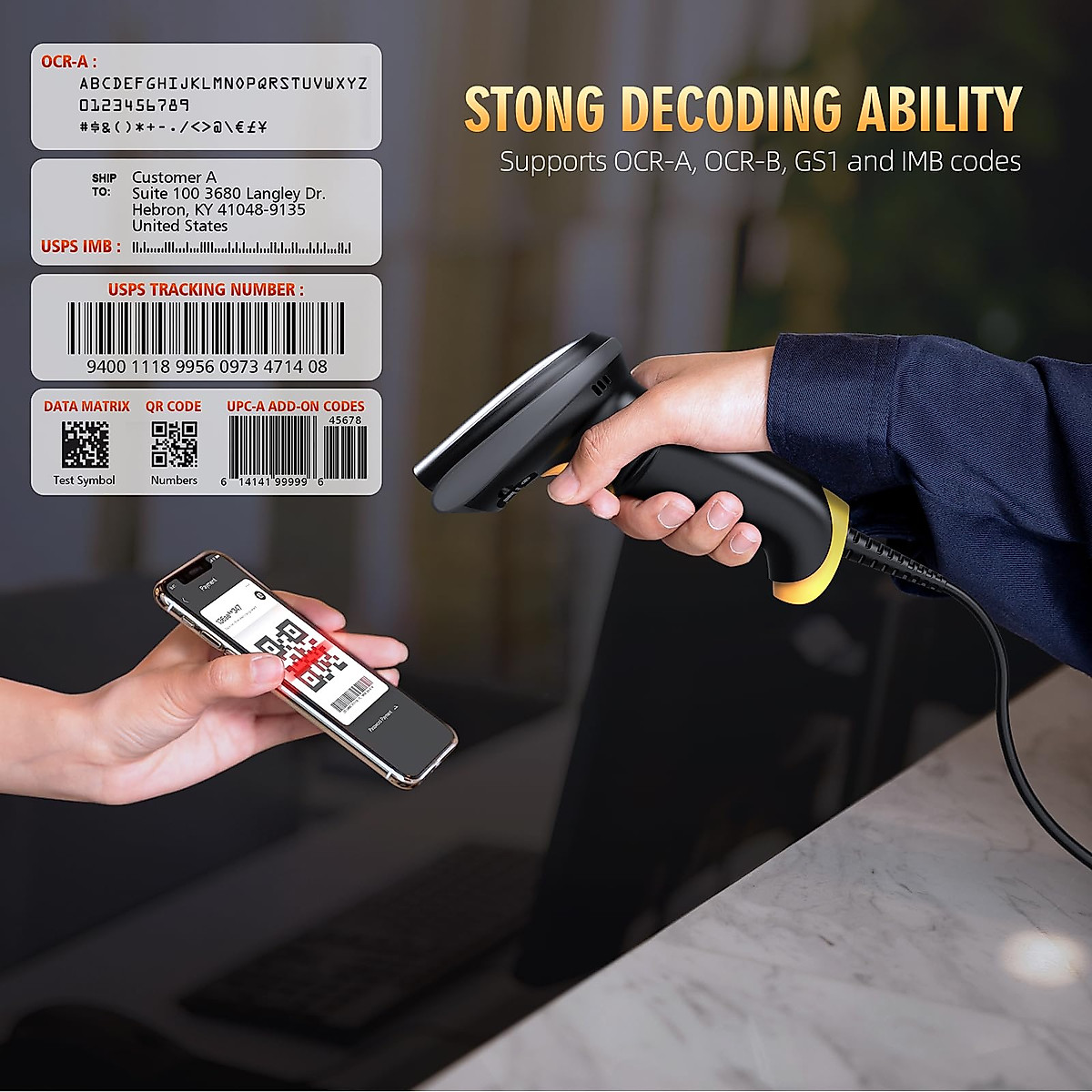 TEEMI 2D Barcode Scanner USB Wired Virtual COM Handheld Automatic QR Data Matrix PDF417 Maxi IMB bar Codes Imager Global Shutter Computer Screen Scan for Windows Mac and Linux PC POS, No Stand