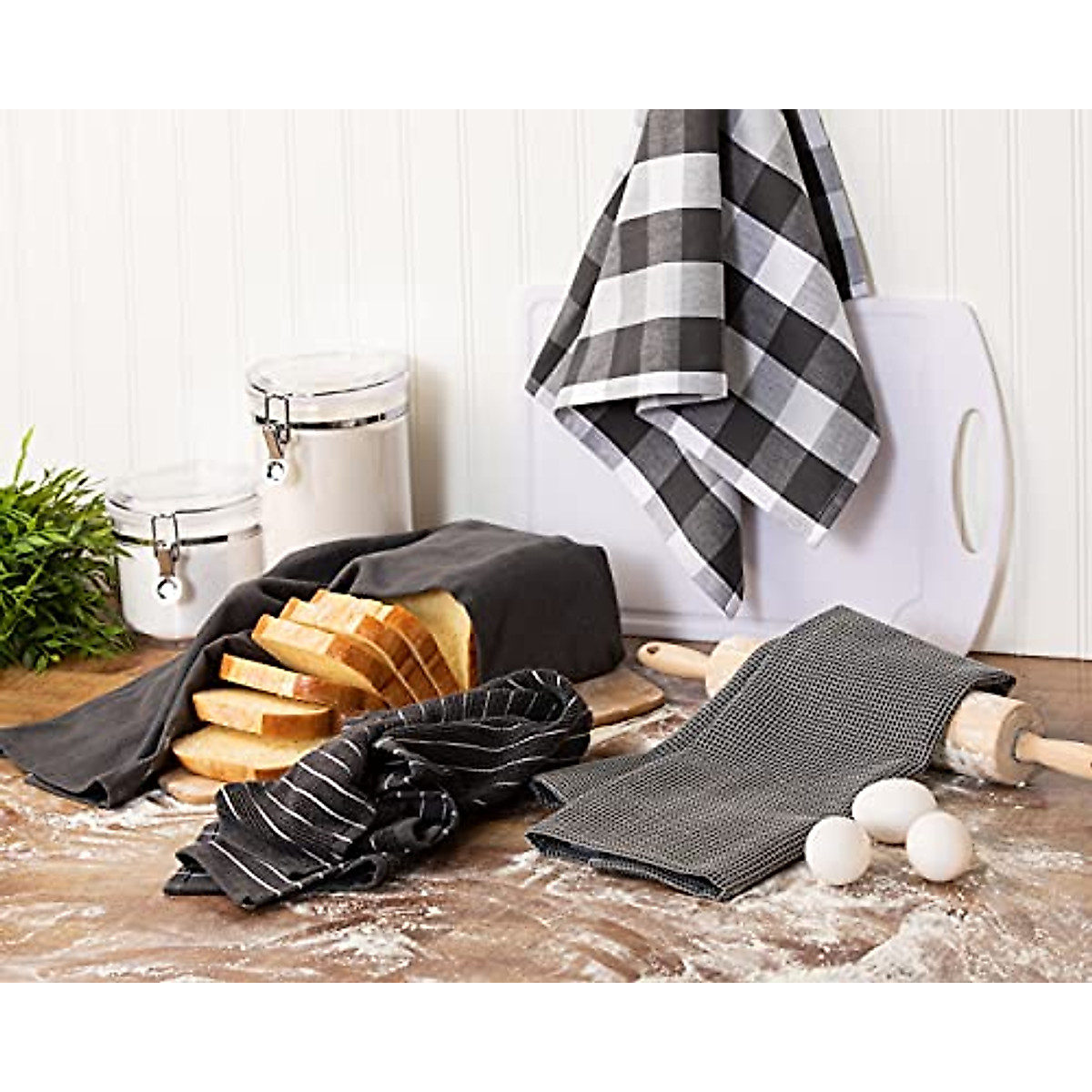 Kitchen Cotton Towels - 100% Cotton Gray Dish, Hand, Tea Towels - Flat, Terry, Waffle, Herringbone - 28 x 16 in