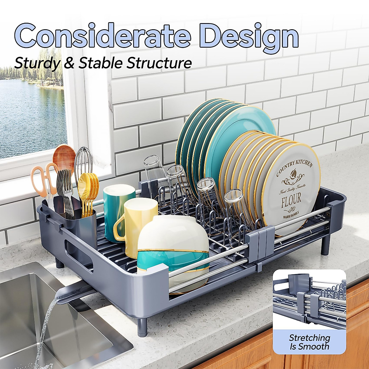 Dish Drying Rack, Kitchen Dish Drainer Rack, Expandable(13.2"-19.7") Stainless Steel Sink Organizer Dish Rack and Drainboard Set with Utensil Holder Cups Holder for Kitchen Counter