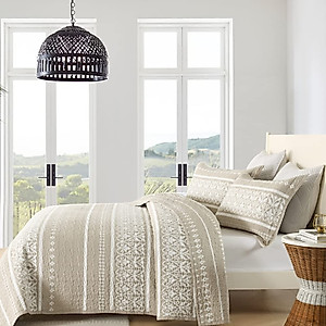 Toldlove Quilts Queen Size - Boho Quilt King 100% Cotton Oatmeal Bedding Set Bohemian Striped Bedspread Lightweight Rversible Comforter Coverlets All Season,Oatmeal/Begie White 3Pcs