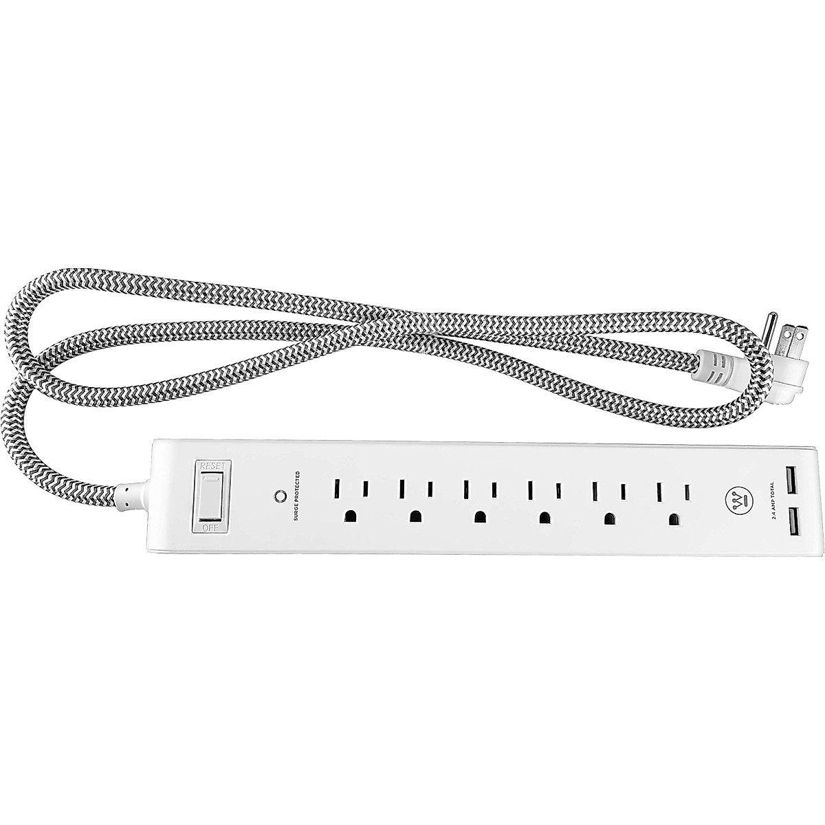 Westinghouse 96021 Strip 6-Outlet 2-USB 900 Joule Surge Protector with Fabric Braided Tangle Free Cord, White