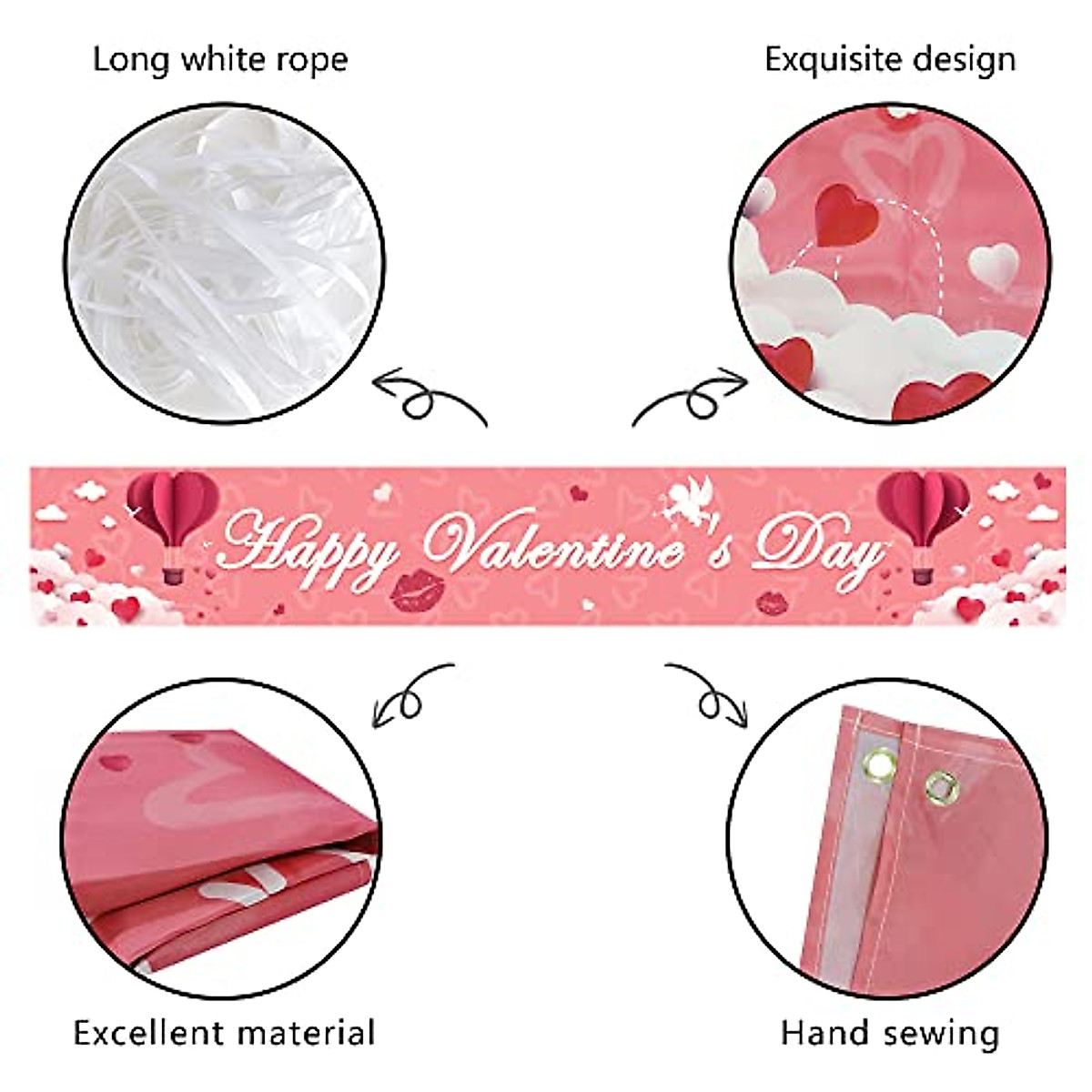 Happy Valentine's Day Banner, Large Valentines Banner Red Love Heart Backdrop for Valentine's Day Indoor Outdoor Party Decorations (Pink)