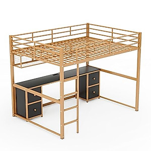 Full Size Modern Loft Bed with Desk, Cabinets, Drawers and Bedside Tray, Charging Station, USB Ports and Socket, Metal Bed Frame with Ladder and Guardrails for Kids Teens Adults (Gold+Black-01)