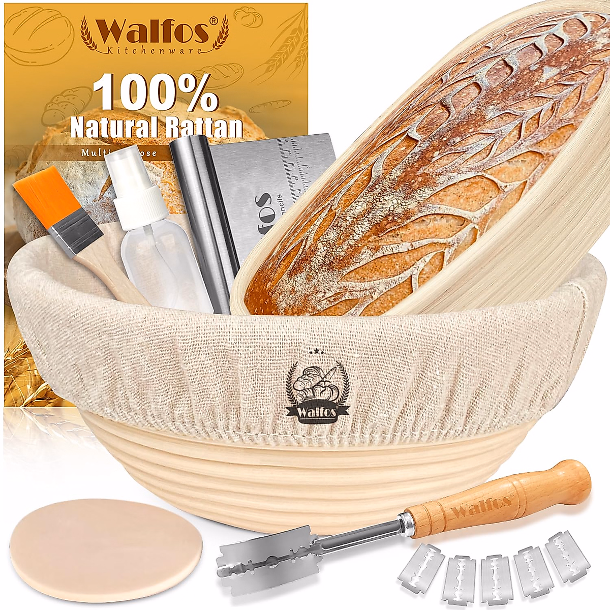 Walfos Banneton Proofing Basket Set（9 pcs）-100% Natural Rattan Sourdough Bread Basket,10" Round & 9" Orval Proofing Basket,Includes Professional Baking Tools,Great for Home and Professional Bakers